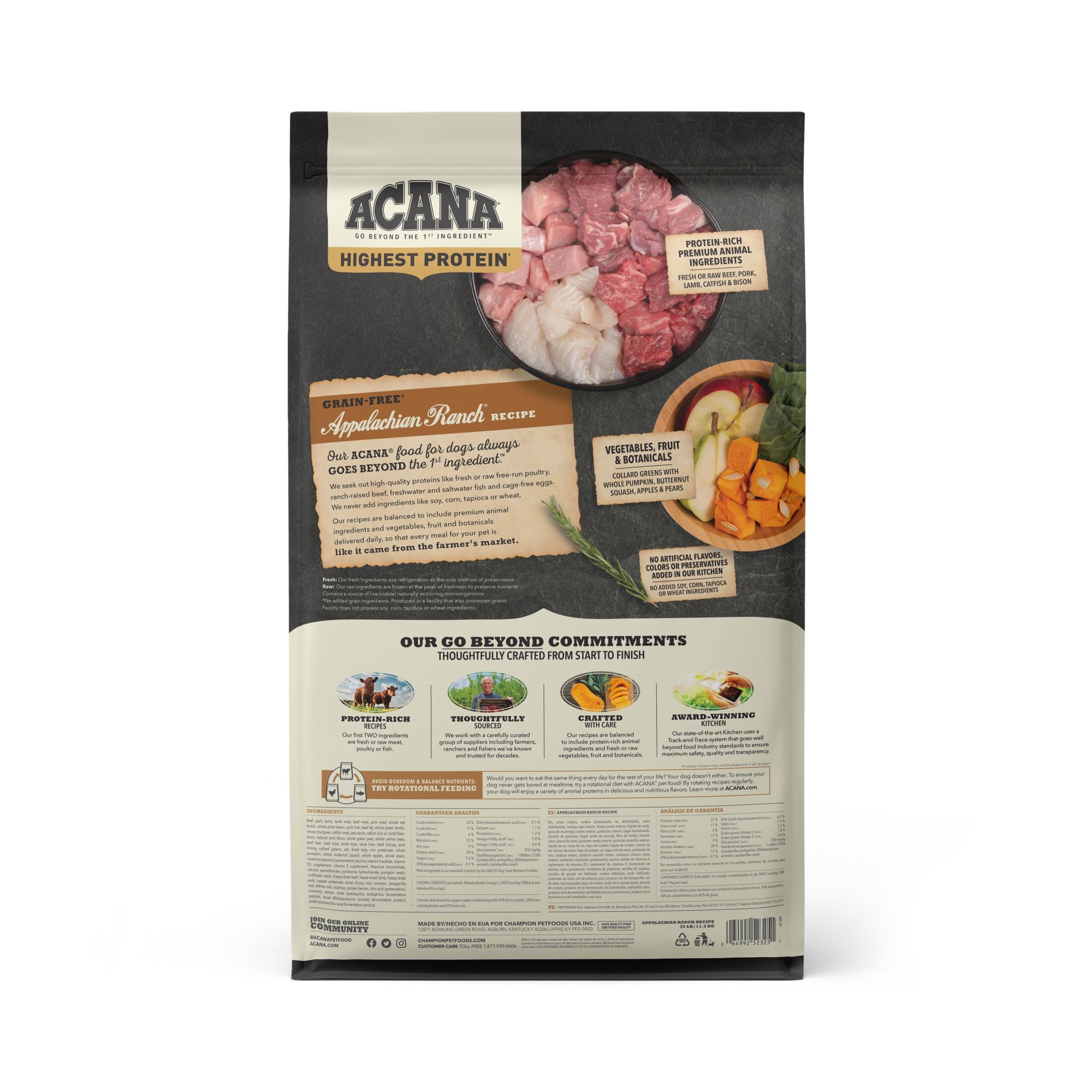 ACANA Highest Protein Dry Dog Food, Appalachian Ranch, Beef Recipe, 25lb