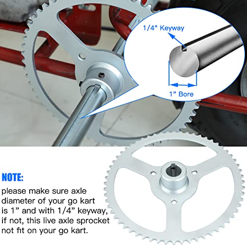 YOXUFA 60T Steel Go Kart Live Axle Hub Sprocket for #40/41/420 Chain With 1" Bore 1/4" Keyway Adapter Yerf dog Murray Predator 212cc 196cc Go Carts Dune Buggy Drift Trike Mini Quad 3 Hole Silver Parts