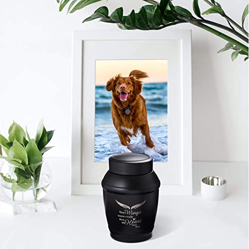 5.7 Inches Medium Size Urns for Human Ashes Adult Male,Black Cremation Urns for Adult Ashes,Angel Wings Decorative Urns