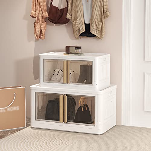 Nafenai Storage Bins with Lids - Folding plastic storage bin,44 Quart Collapsible storage box with Wheels,Double Door Stackable Closet Organizers,Storage boxs for Home