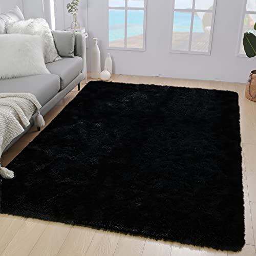 Soft Black Rug for Living Room, Washable 4'X6' Fluffy Shag Area Rug for Bedroom Nursery Room, Throw Shaggy Furry Carpet, Rectangle Faux Fur Plush Fuzzy Rugs for Beside Teen Room Home Décor