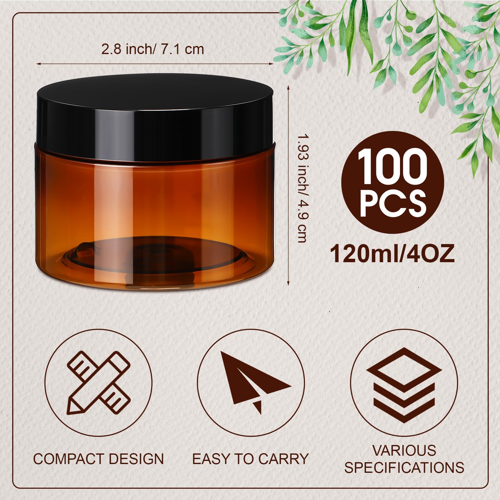 Tanlade 100 Pcs 4 oz Amber Plastic Cosmetic Jars with Lids Empty Leak Proof Container Round Airtight Refillable Cosmetic Jars for Cream, Lotion, Powder, Ointment, Beauty Products Travel Storage