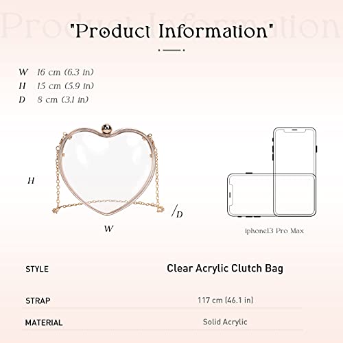 JAMBHALA Women Clear Acrylic Clutch Bag Mini Heart Handbag Evening Pouch with Detechable Chain (gold)