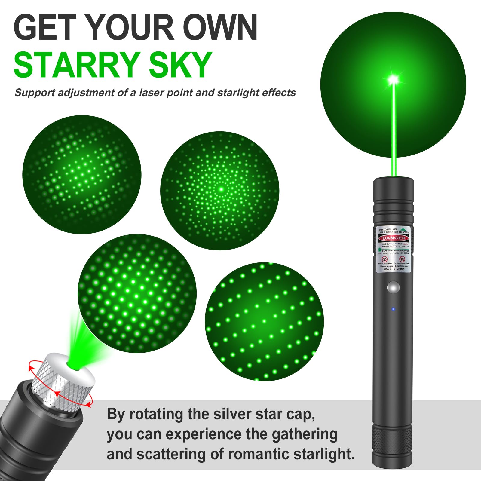 DCLIKRE Green Light, USB Rechargeable Green Lights Pen with Star Cap, Long Range Light Beams for Sandtable Presentations Astronomy Outdoor Hiking Camping Toy 