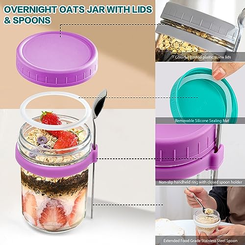 ZIZOTI 12 Pcs Glass Overnight Oats Containers with Lids and Spoons,2 Size 16 Oz & 10 Oz Mason Overnight Oat Jars, Airtight Breakfast Meal Prep Glass Container to Go for Chia Yogurt Salad Cereal Fruit