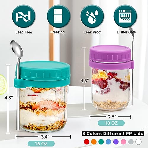 ZIZOTI 12 Pcs Glass Overnight Oats Containers with Lids and Spoons,2 Size 16 Oz & 10 Oz Mason Overnight Oat Jars, Airtight Breakfast Meal Prep Glass Container to Go for Chia Yogurt Salad Cereal Fruit