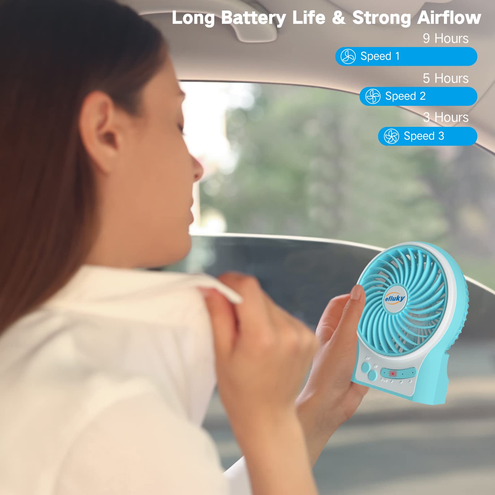 Efluky 3 Speed Mini USB Fan, Rechargeable Battery Fan with LED Light and 2200mAh Battery, Portable fan quiet for Office, Travel, Camping Fan, 4.5-Inch, Blue