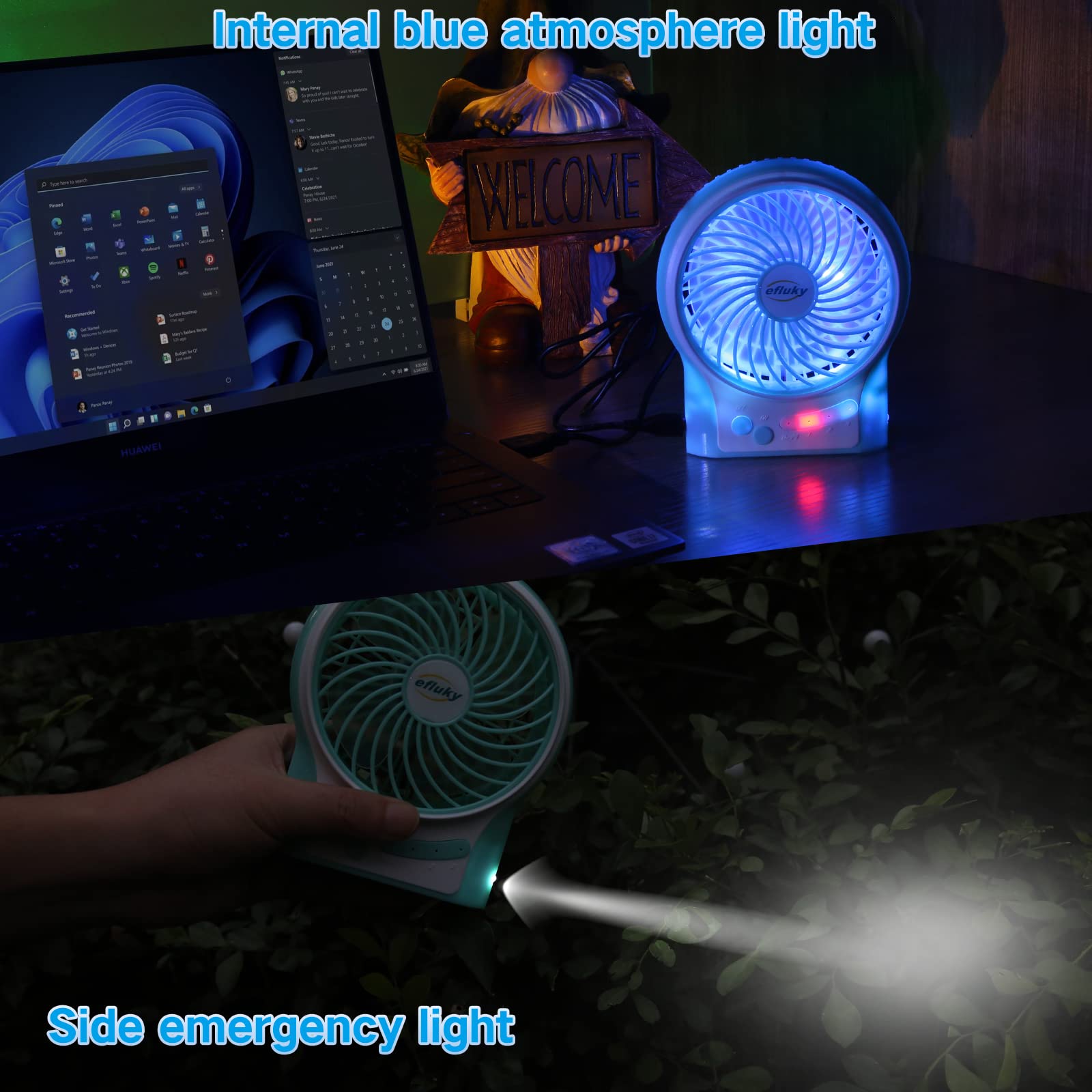 Efluky 3 Speed Mini USB Fan, Rechargeable Battery Fan with LED Light and 2200mAh Battery, Portable fan quiet for Office, Travel, Camping Fan, 4.5-Inch, Blue
