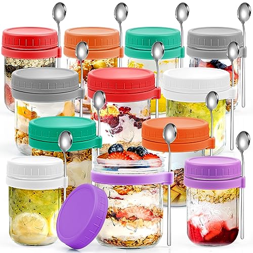 ZIZOTI 12 Pcs Glass Overnight Oats Containers with Lids and Spoons,2 Size 16 Oz & 10 Oz Mason Overnight Oat Jars, Airtight Breakfast Meal Prep Glass Container to Go for Chia Yogurt Salad Cereal Fruit