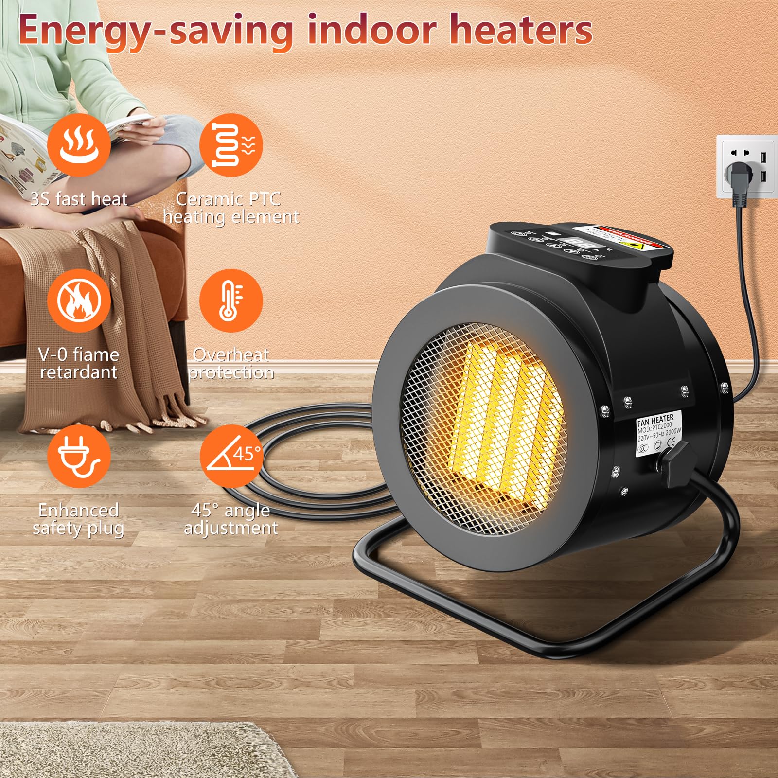 Space Heater, 2000W Electric Heater with Remote, Space Heaters for Indoor Use, 24Hrs Timer, 45° Adjustable, Overheat Protection, Intelligent Thermostat, Portable Heater for Office Bedroom Living Room