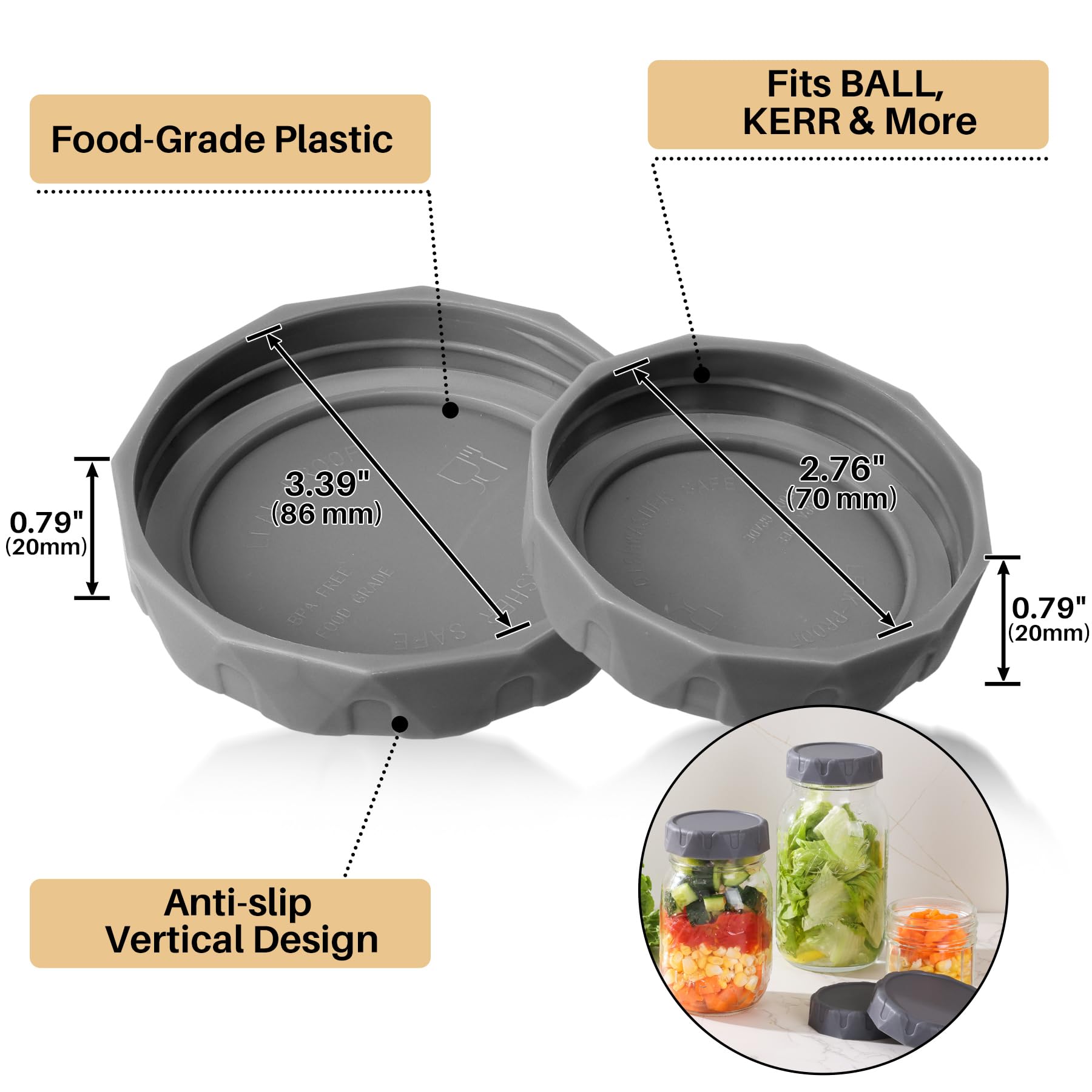 24 Pack Plastic Mason Jar Lids 12 Wide Mouth & 12 Regular Mouth with Sealing Rings Mason Jar Lids Fits Ball, Kerr & More Plastic Lids for Mason Jars Grey