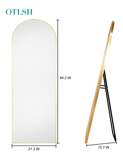 Otlsh Floor Mirror, Arched Full Length Mirror with Stand, Standing Mirror, Full Body Mirror, 64.2"×21.3" Large Mirror, Wall Mirror, Freestanding, Wall Mounted, 1.1" Thickness Aluminum Frame - Gold