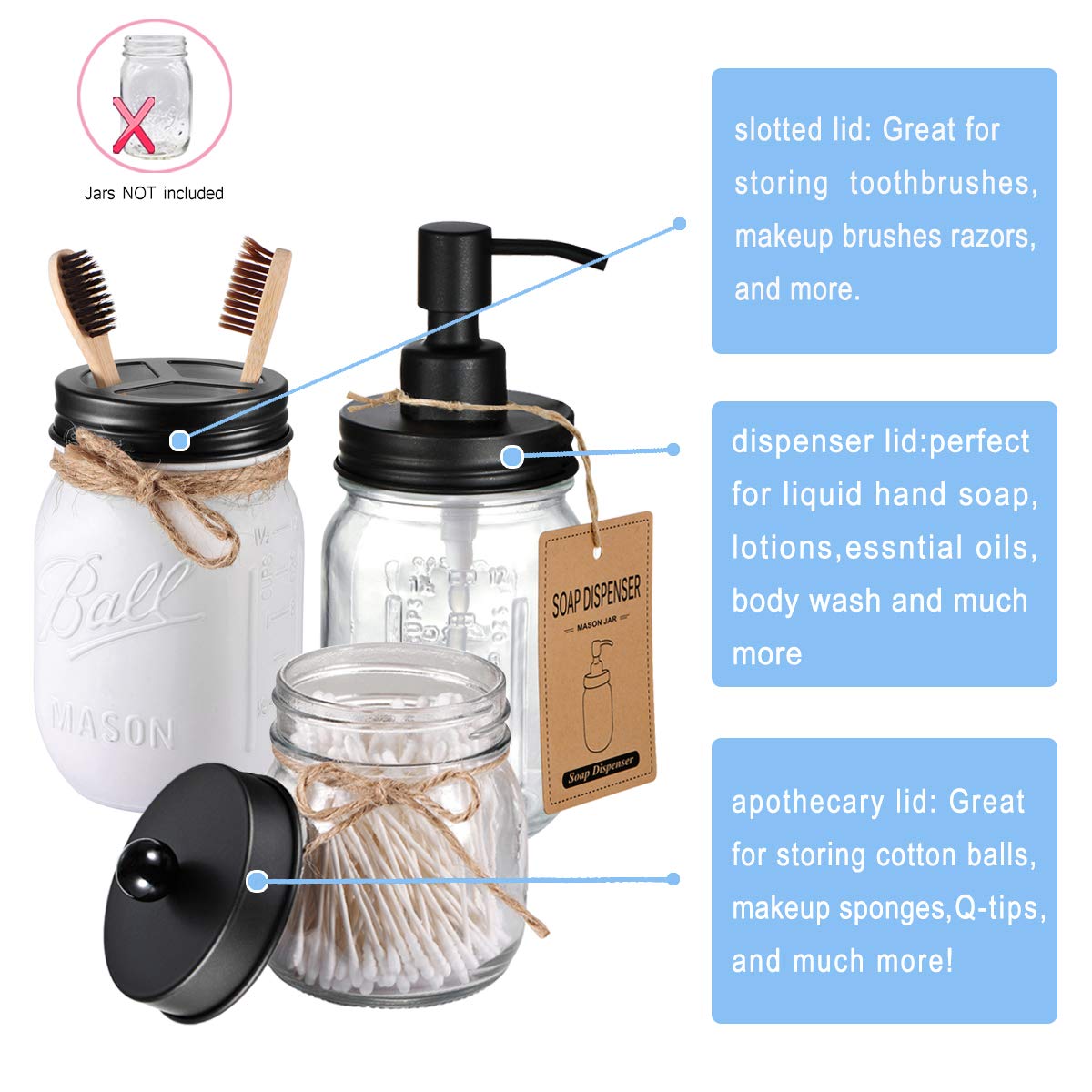 Komashr Mason Jar Bathroom Accessories Lids Set(4pcs) - Jars Not Included - Soap Dispenser,Toothbrush Holder, Apothecary Jars Lids for Regular Mouth Mason Jars - Rustproof Stainless Steel,Black