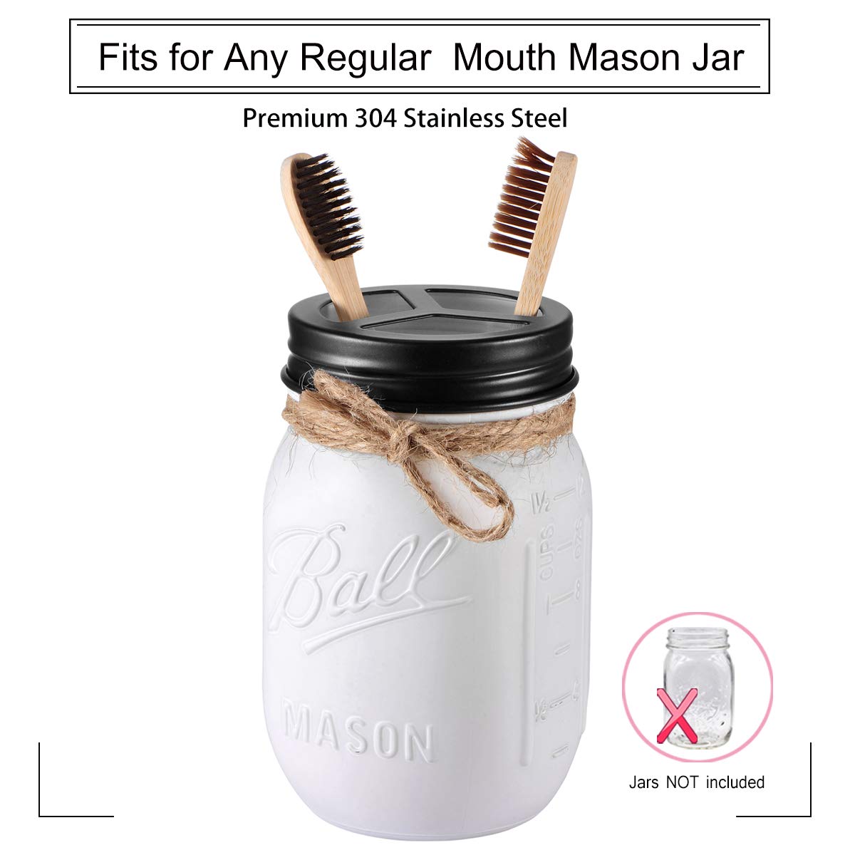 Komashr Mason Jar Bathroom Accessories Lids Set(4pcs) - Jars Not Included - Soap Dispenser,Toothbrush Holder, Apothecary Jars Lids for Regular Mouth Mason Jars - Rustproof Stainless Steel,Black