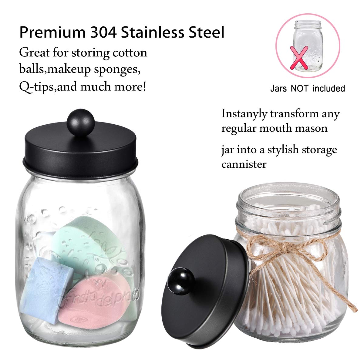Komashr Mason Jar Bathroom Accessories Lids Set(4pcs) - Jars Not Included - Soap Dispenser,Toothbrush Holder, Apothecary Jars Lids for Regular Mouth Mason Jars - Rustproof Stainless Steel,Black