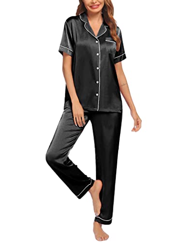 Ekouaer Silk Pajamas Set Satin Button Down Bridesmaid Pajamas Classic Soft Pjs Set(Black,SMALL)