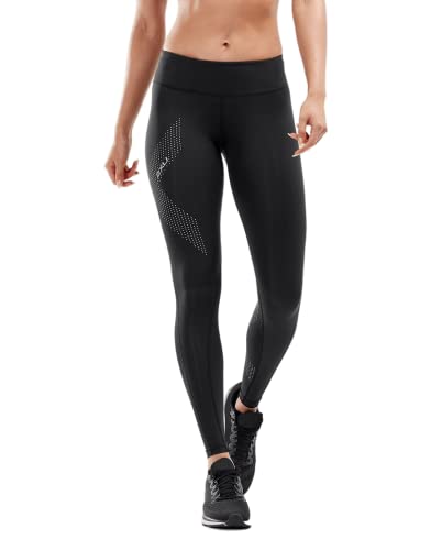 2XU Women's Mid-Rise Compression Tights, Black/Dotted Reflective Logo, Large