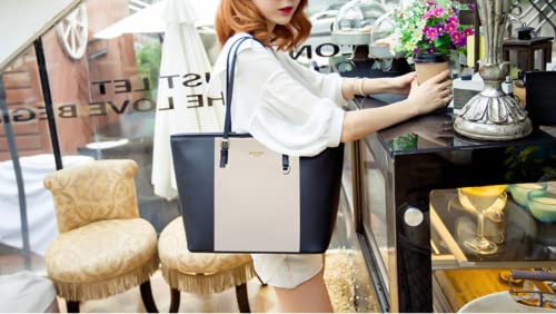 Women's shoulder bag, large capacity vertical zipper open tote bag, women's handbag (Black with white)