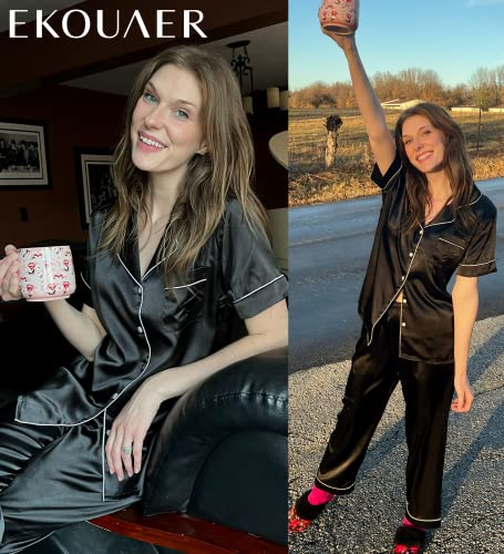 Ekouaer Silk Pajamas Set Satin Button Down Bridesmaid Pajamas Classic Soft Pjs Set(Black,SMALL)
