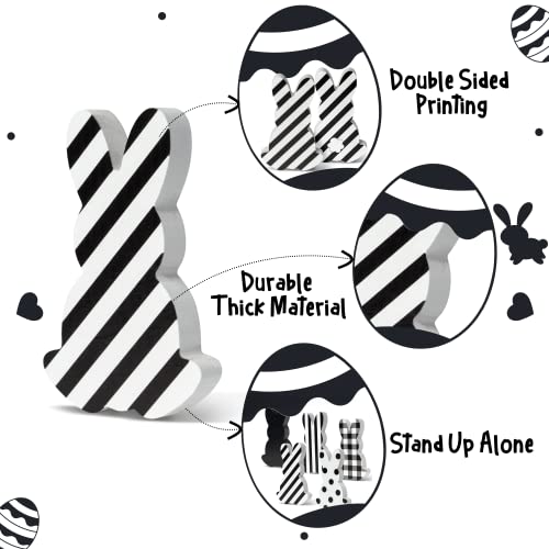 WATINC 5Pcs Easter Bunny Table Decor Tiered Tray Sign, Black & White Rabbit Wooden Signs Tabletop Decorations, Double-sided Wood Centerpiece Desk Topper for Easter Spring Holiday Party Gift Supplies