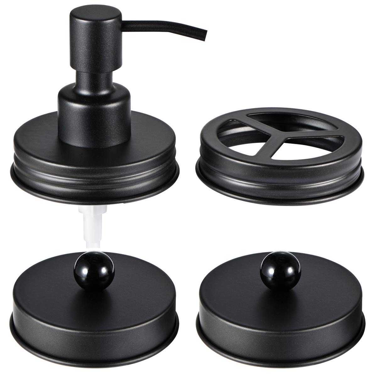 Komashr Mason Jar Bathroom Accessories Lids Set(4pcs) - Jars Not Included - Soap Dispenser,Toothbrush Holder, Apothecary Jars Lids for Regular Mouth Mason Jars - Rustproof Stainless Steel,Black