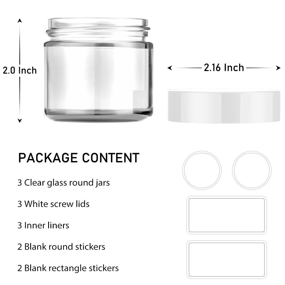Tecohouse Small Glass Containers with Lids, 2 oz Glass Jars with White Lids & Inner Liners, Cosmetic Travel Toiletries Container for Slime, Makeup, Cream, Lotion, Food Storage 3 pack