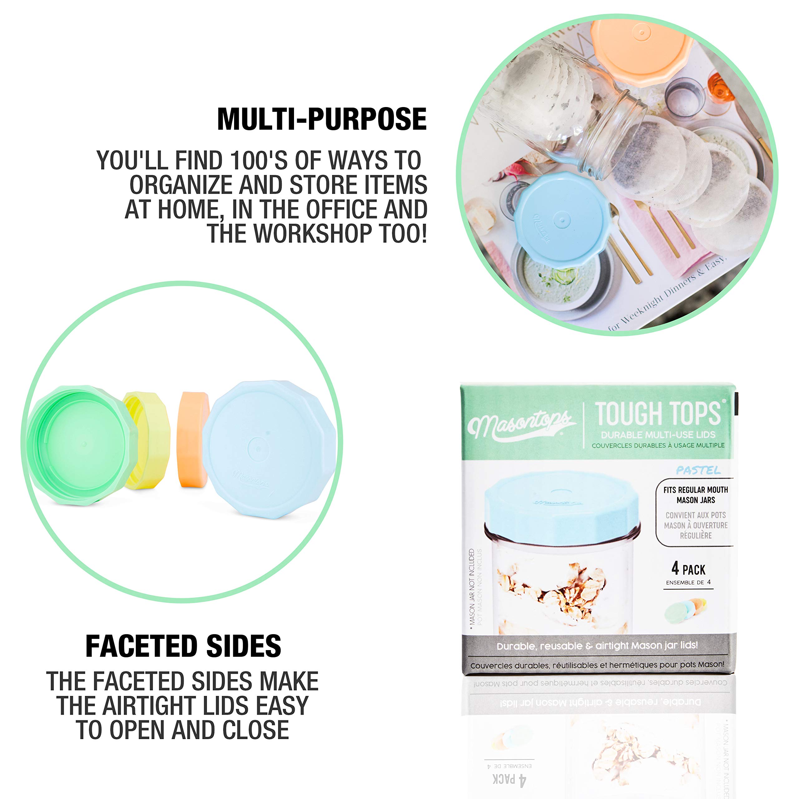 Masontops Tough Tops - Ball Regular Mouth Mason Jar Lids Plastic Leakproof - BPA-Free Multi Colored Plastic Mason Jar Lids - Reusable Dry Canning Lids fit Ball Jars (Ball Mason Jars not included)