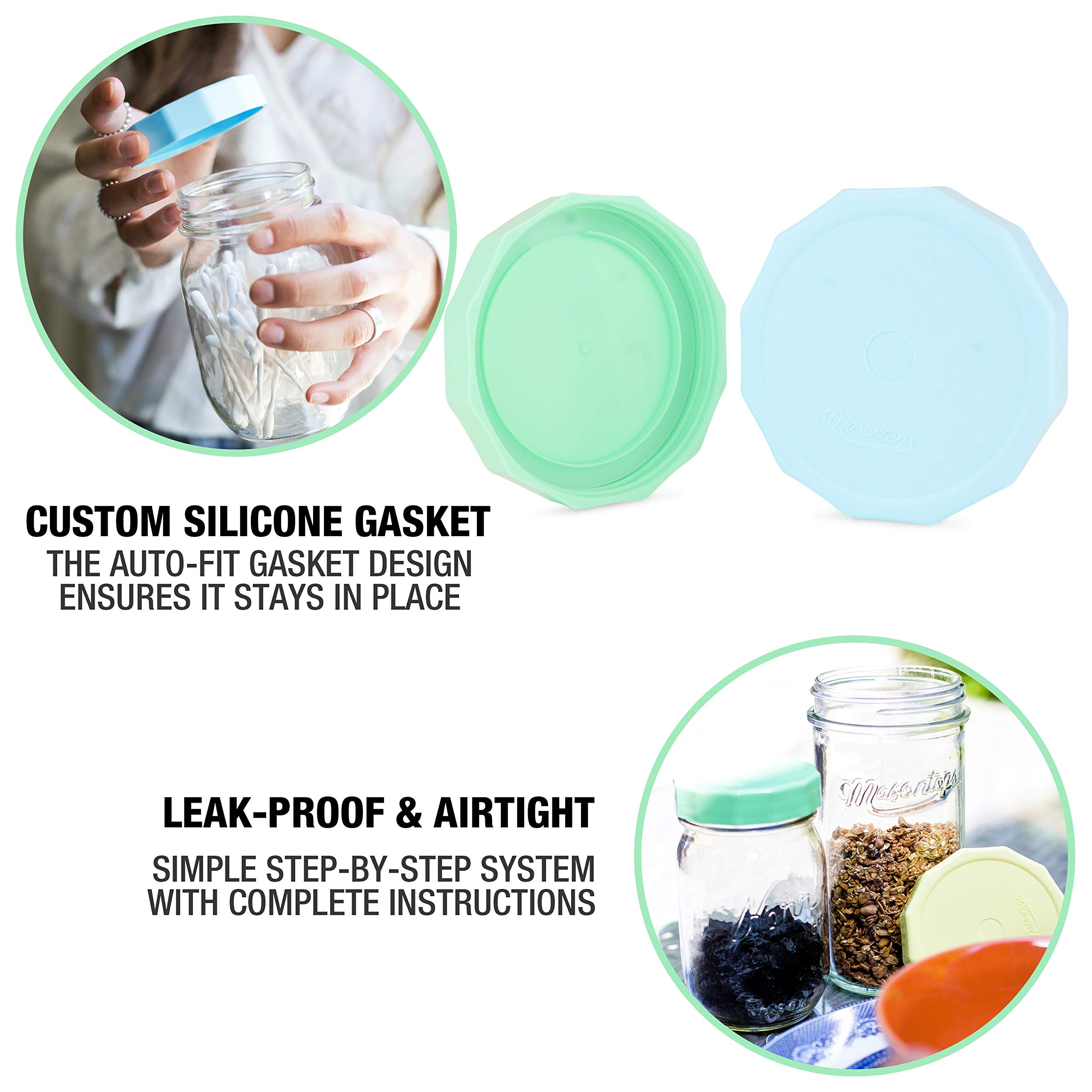 Masontops Tough Tops - Ball Regular Mouth Mason Jar Lids Plastic Leakproof - BPA-Free Multi Colored Plastic Mason Jar Lids - Reusable Dry Canning Lids fit Ball Jars (Ball Mason Jars not included)
