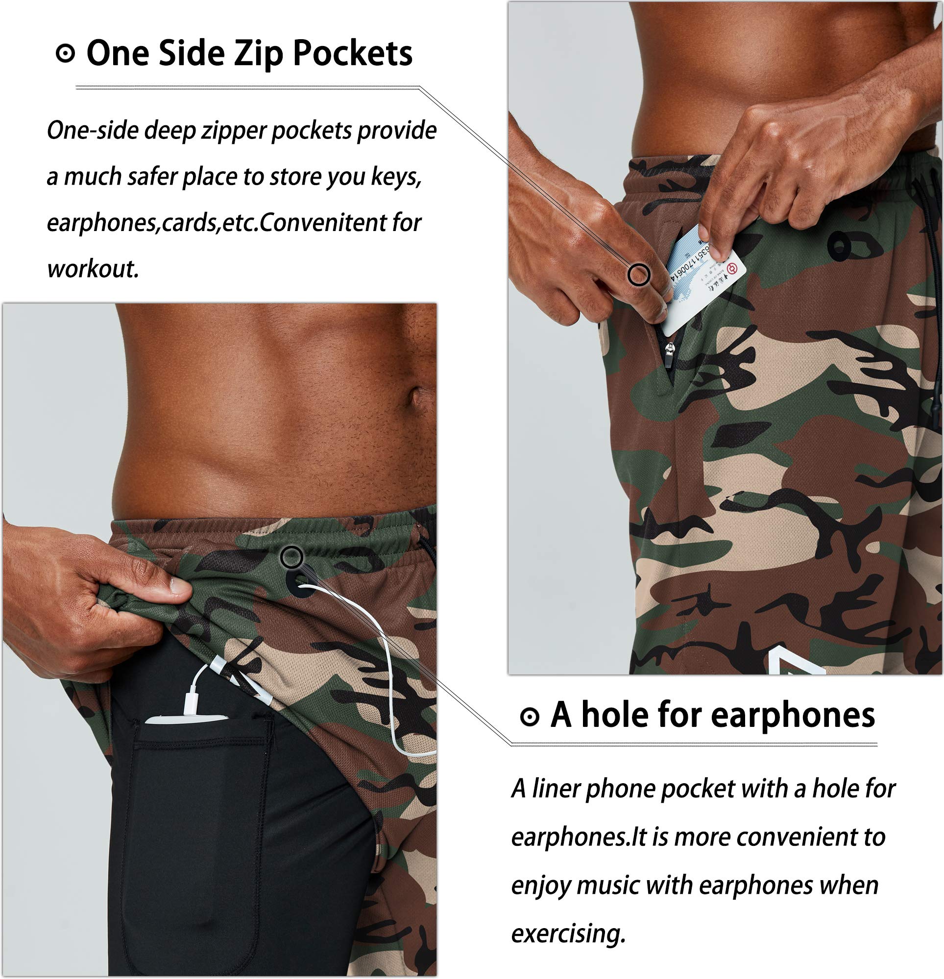 Pinkbomb Men's 2 in 1 Running Shorts Gym Workout Quick Dry Mens Shorts with Phone Pocket (Green Camo, XX-Large)