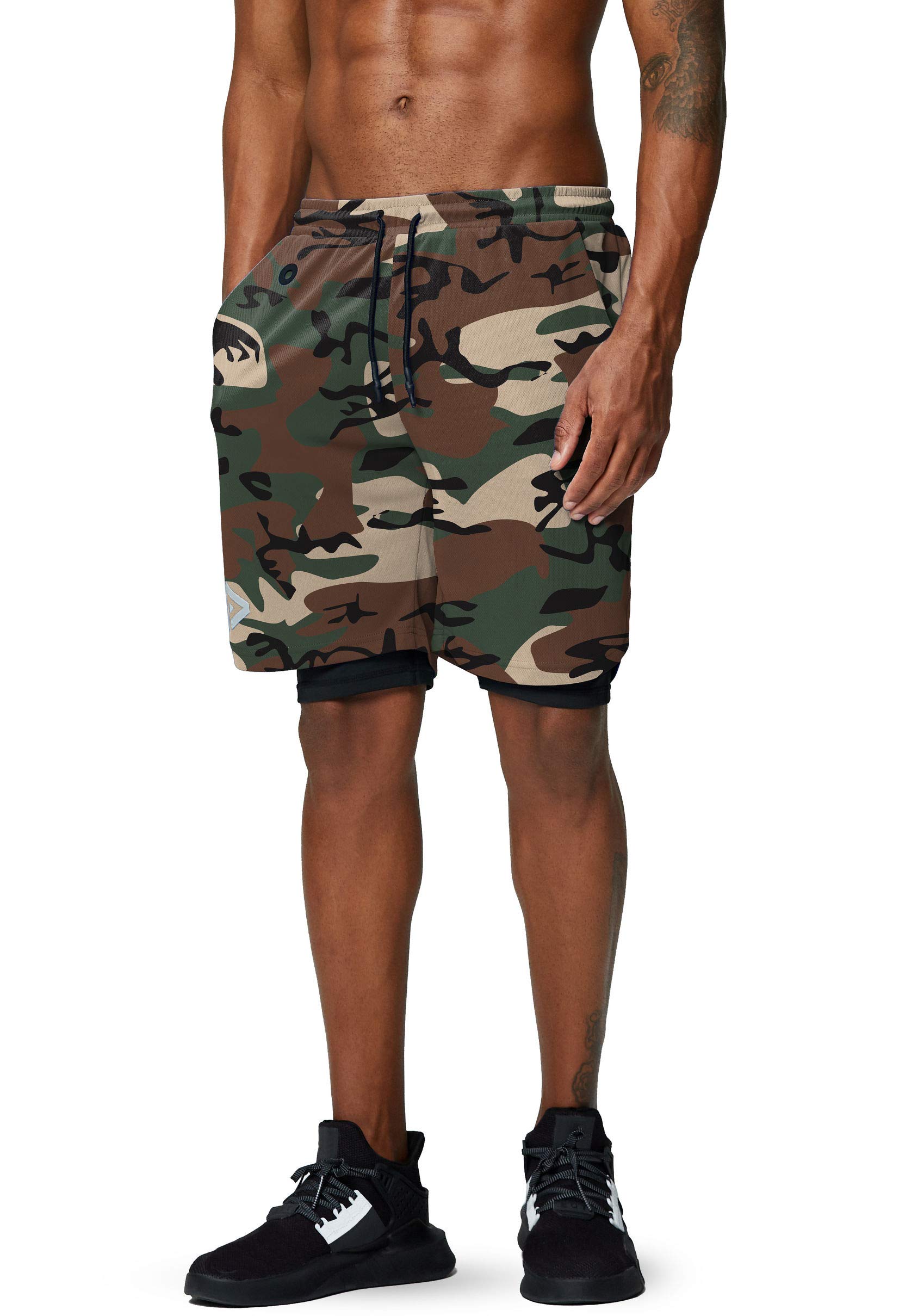 Pinkbomb Men's 2 in 1 Running Shorts Gym Workout Quick Dry Mens Shorts with Phone Pocket (Green Camo, XX-Large)