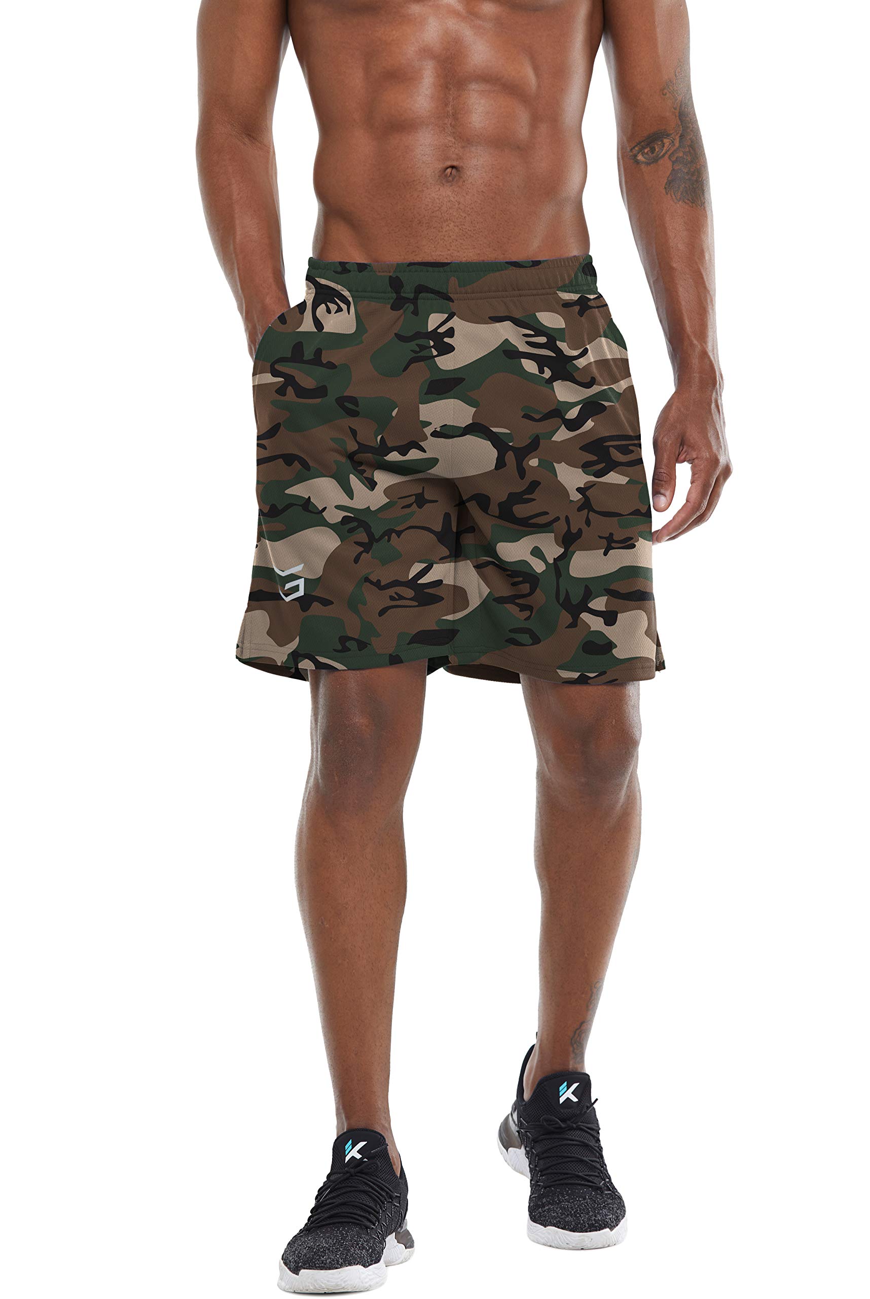 G Gradual Men's 7" Workout Running Shorts Quick Dry Lightweight Gym Shorts with Zip Pockets (Green Camo X-Large)