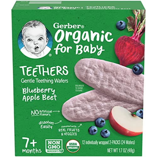 Gerber Snacks for Baby Teethers, Organic Gentle Teething Wafers, Blueberry Apple Beet, 1.7 Ounce, 12 Count Box