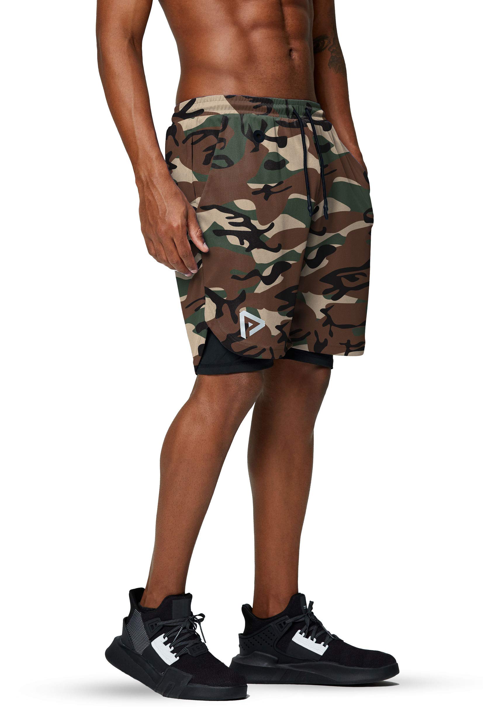 Pinkbomb Men's 2 in 1 Running Shorts Gym Workout Quick Dry Mens Shorts with Phone Pocket (Green Camo, XX-Large)