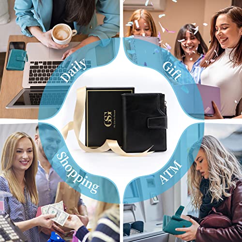GSG Small Womens Wallet Leather Credit Card Holder, RFID Blocking Bifold Ladies Pocket Wallet with Zipper Coin Pocket, Black
