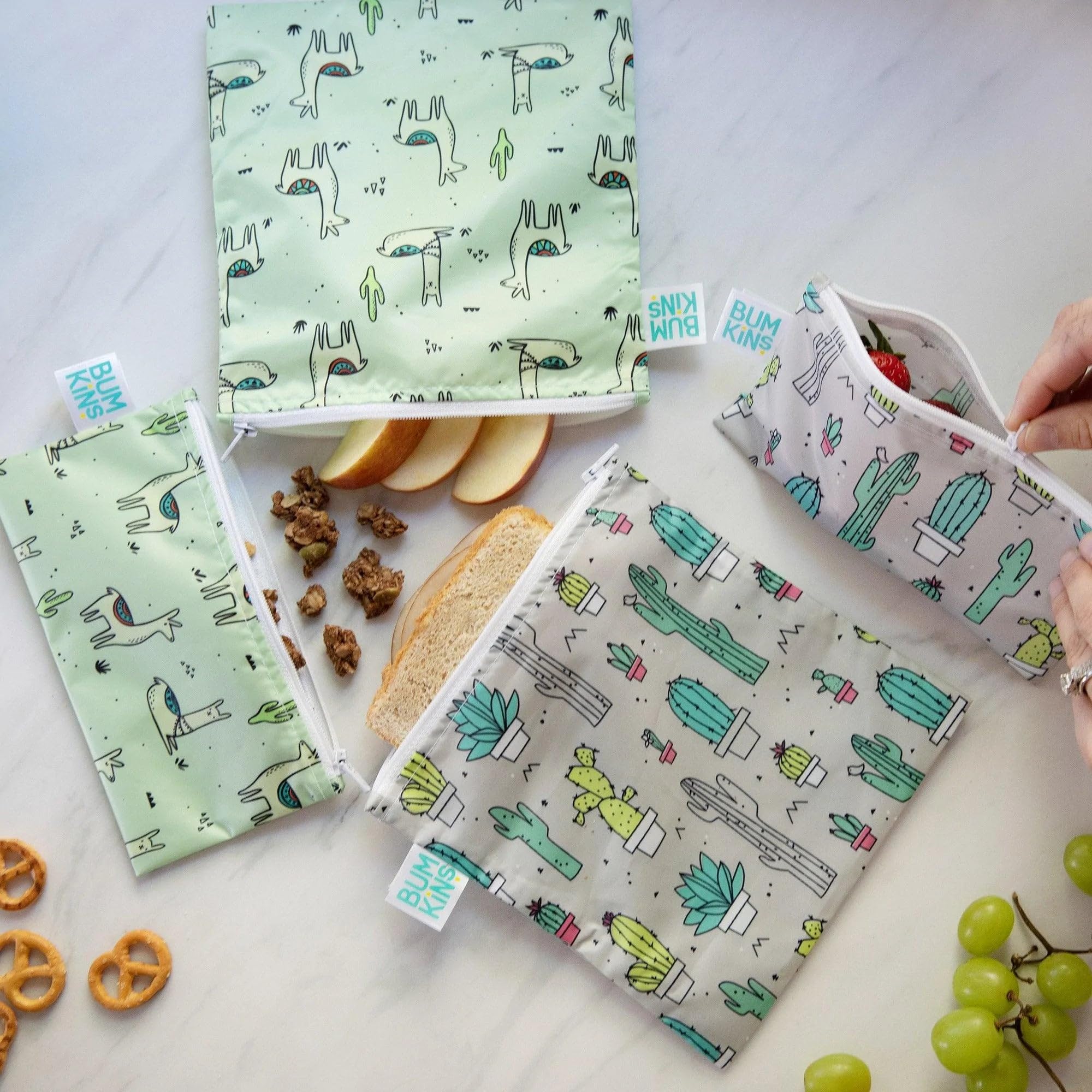 Bumkins Sandwich Bag / Snack Bag, Reusable Fabric, Washable, Food Safe, BPA Free, 7x7 - Cactus & Llama (2-Pack)