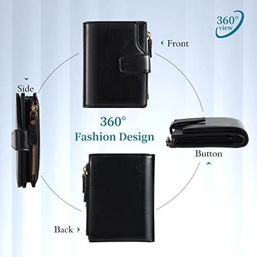 GSG Small Womens Wallet Leather Credit Card Holder, RFID Blocking Bifold Ladies Pocket Wallet with Zipper Coin Pocket, Black