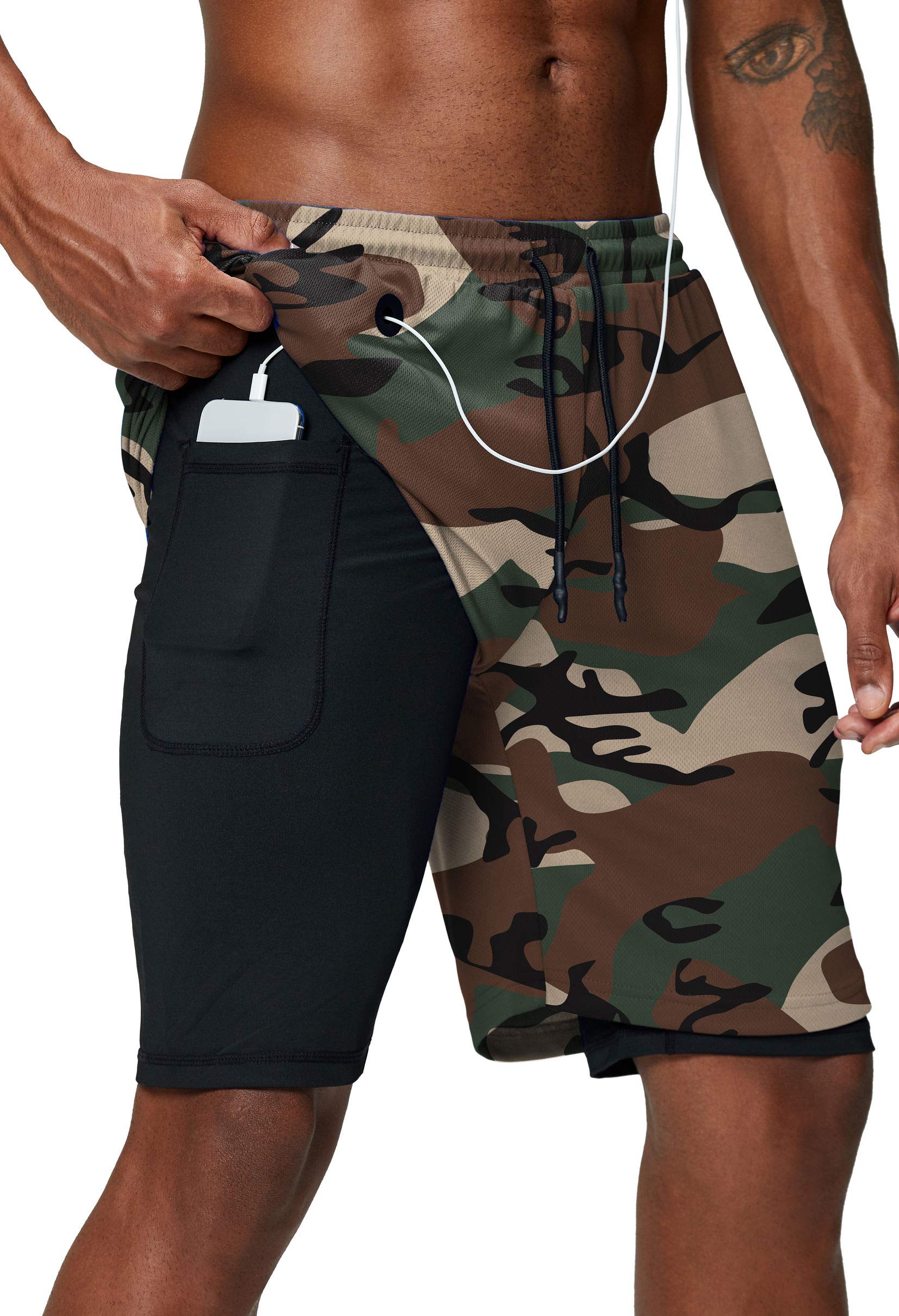 Pinkbomb Men's 2 in 1 Running Shorts Gym Workout Quick Dry Mens Shorts with Phone Pocket (Green Camo, XX-Large)