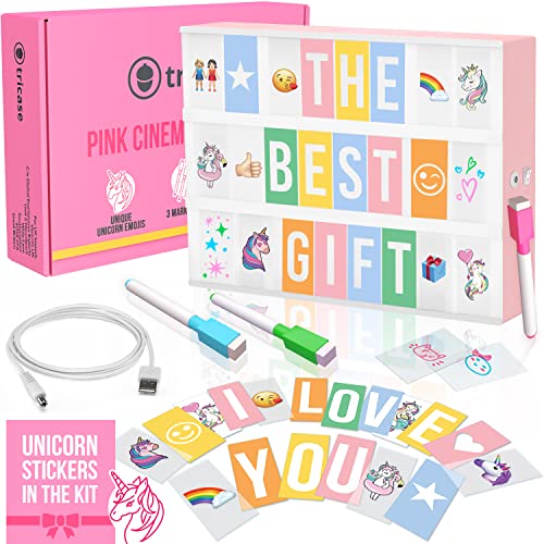 Pink Cinema Light Box with Letters 312 Color Letters and Emojis & 3 Markers - Led Light Box for Home & Pink Room Decor - Light Up Letter Board - Gift Idea for Women & Girls on Birthday or Christmas