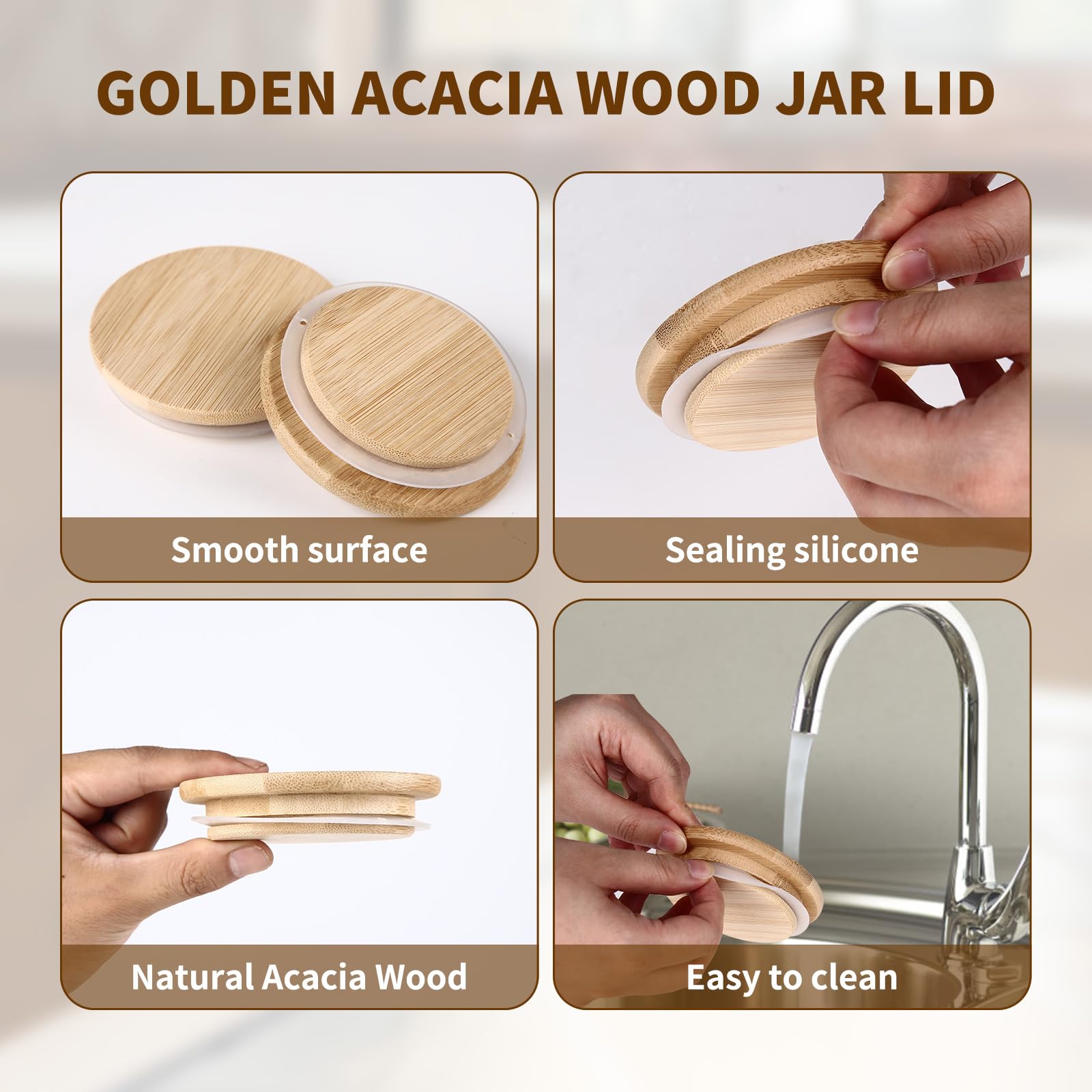 Mason Jar Lids - Reusable canning lids Bamboo mason jar Lids, Food Grade Material Silicone Sealing, 100% Fit & Airtight for Regular Mouth Mason Jars (6PCS Regular Lids, Bamboo)