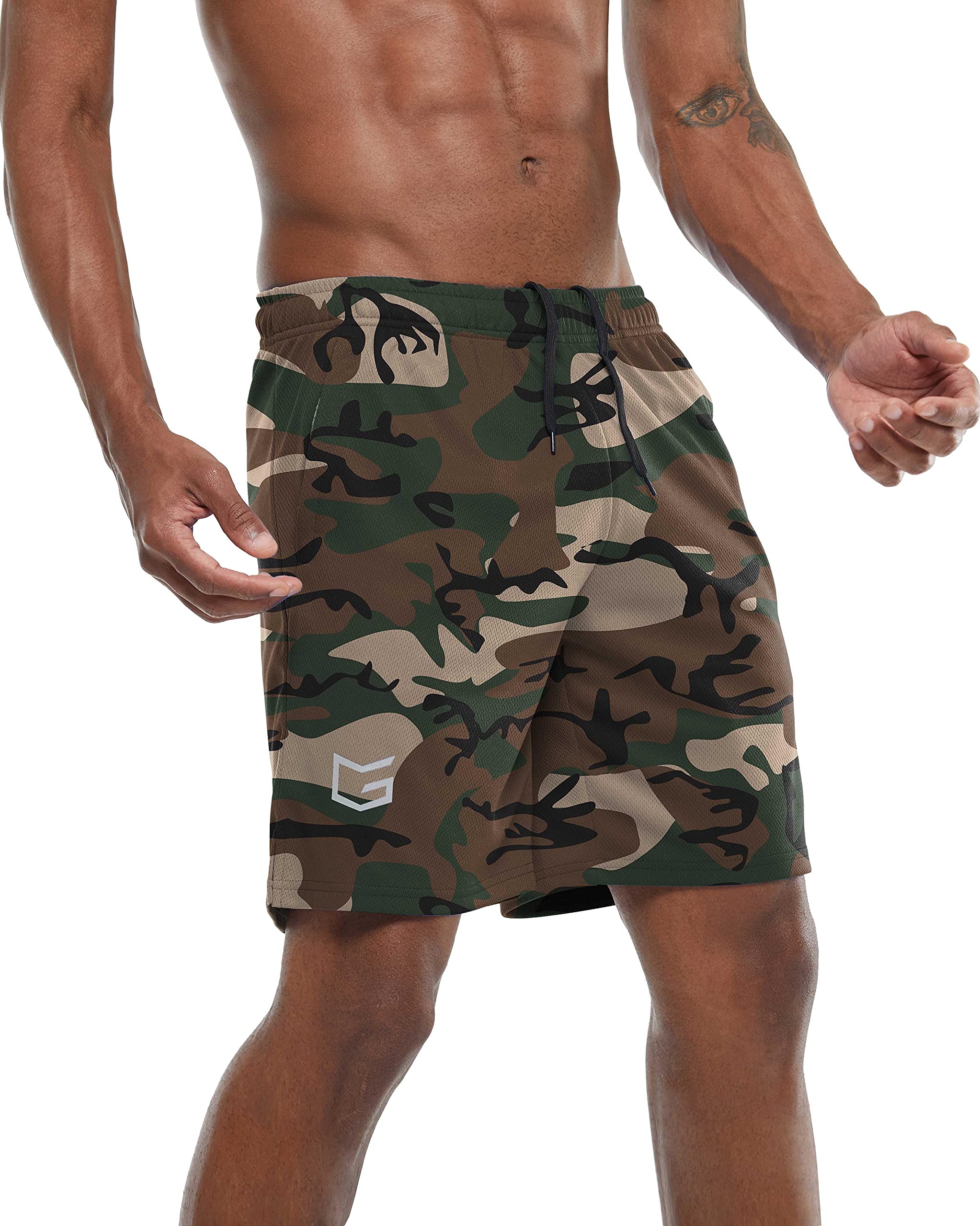 G Gradual Men's 7" Workout Running Shorts Quick Dry Lightweight Gym Shorts with Zip Pockets (Green Camo X-Large)