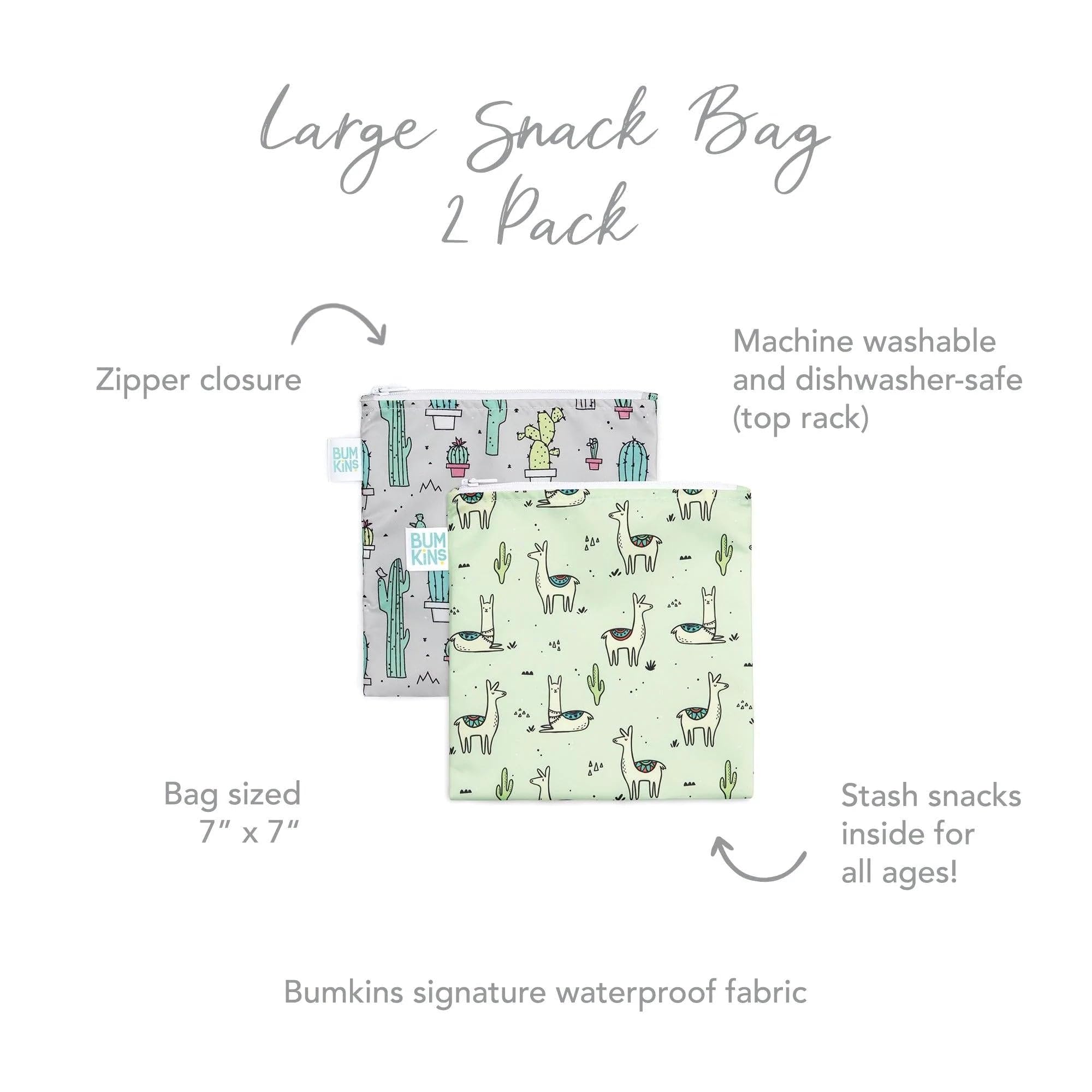 Bumkins Sandwich Bag / Snack Bag, Reusable Fabric, Washable, Food Safe, BPA Free, 7x7 - Cactus & Llama (2-Pack)