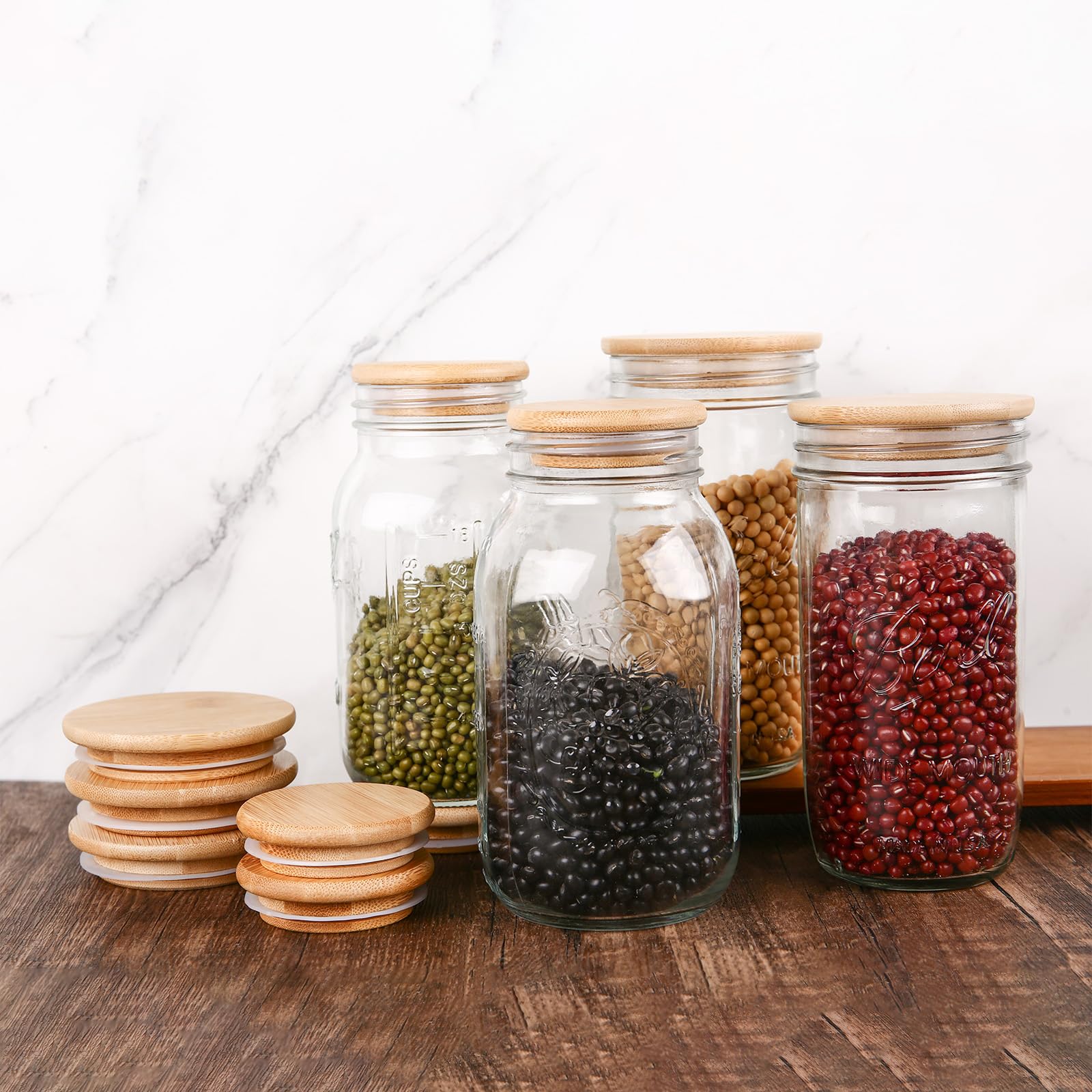 Mason Jar Lids - Reusable canning lids Bamboo mason jar Lids, Food Grade Material Silicone Sealing, 100% Fit & Airtight for Regular Mouth Mason Jars (6PCS Regular Lids, Bamboo)