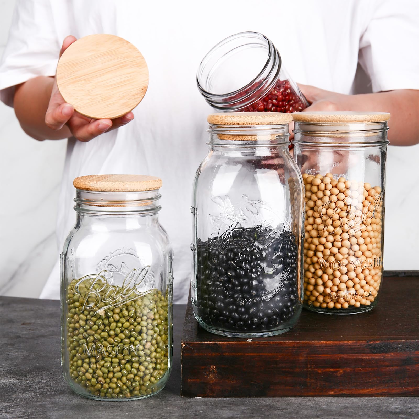 Mason Jar Lids - Reusable canning lids Bamboo mason jar Lids, Food Grade Material Silicone Sealing, 100% Fit & Airtight for Regular Mouth Mason Jars (6PCS Regular Lids, Bamboo)