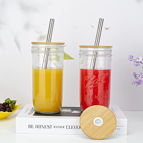 Tronco Bamboo Lids with Stainless Steel Straws, 2 Reusable Lids for Wide Mouth Tumblers, Includes 2 Straws and 1 Straw Brush