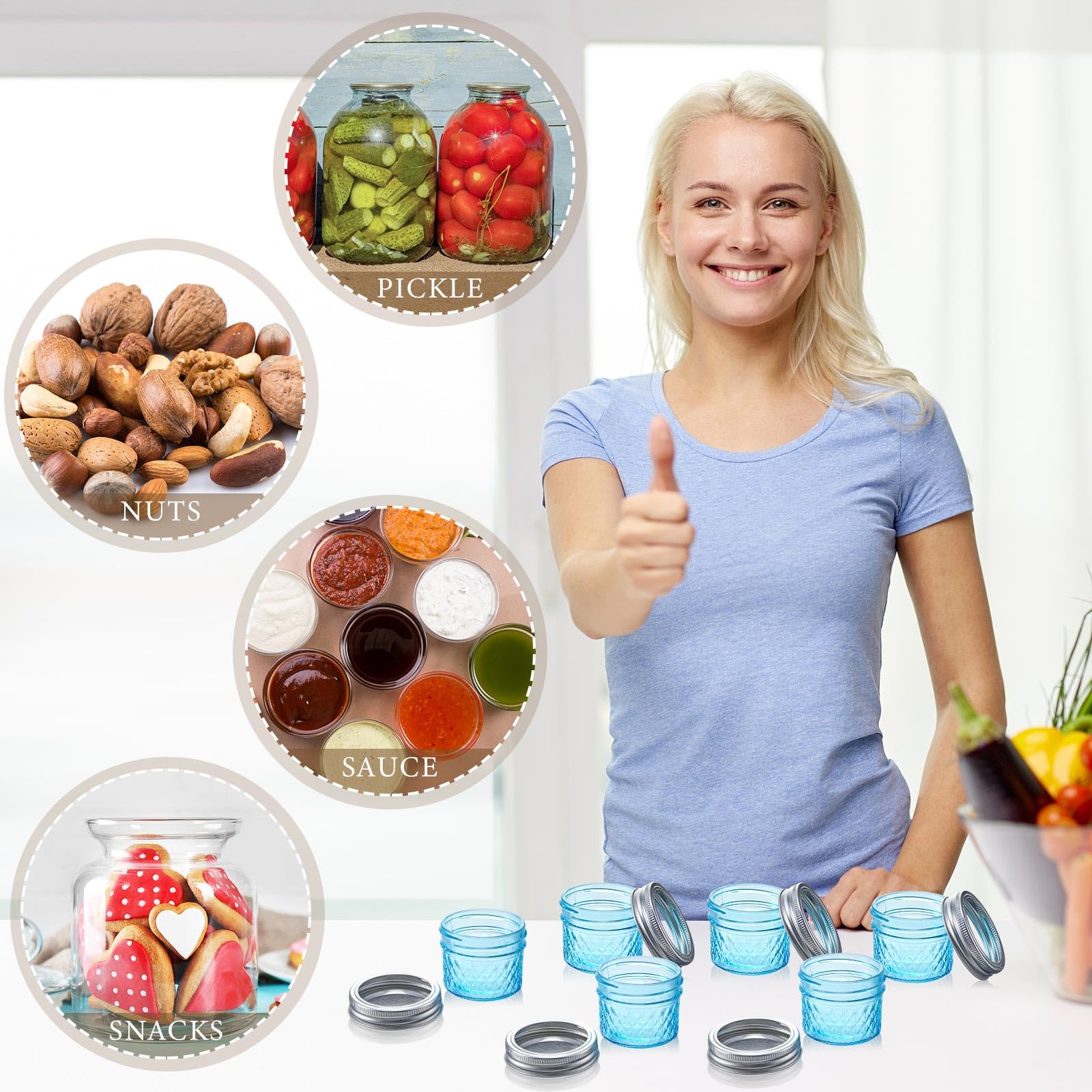 Zhehao 12 Pcs Mason Jars 4 oz with Regular Lids Mini Canning Jelly Honey Jars for Wedding Shower Favors DIY Projects Candle Holding Spice Jam Fruit Smoothie Salad Dressing Ketchup(Light Blue)