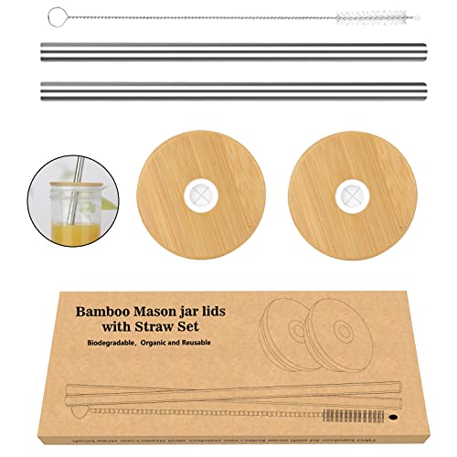 Tronco Bamboo Lids with Stainless Steel Straws, 2 Reusable Lids for Wide Mouth Tumblers, Includes 2 Straws and 1 Straw Brush