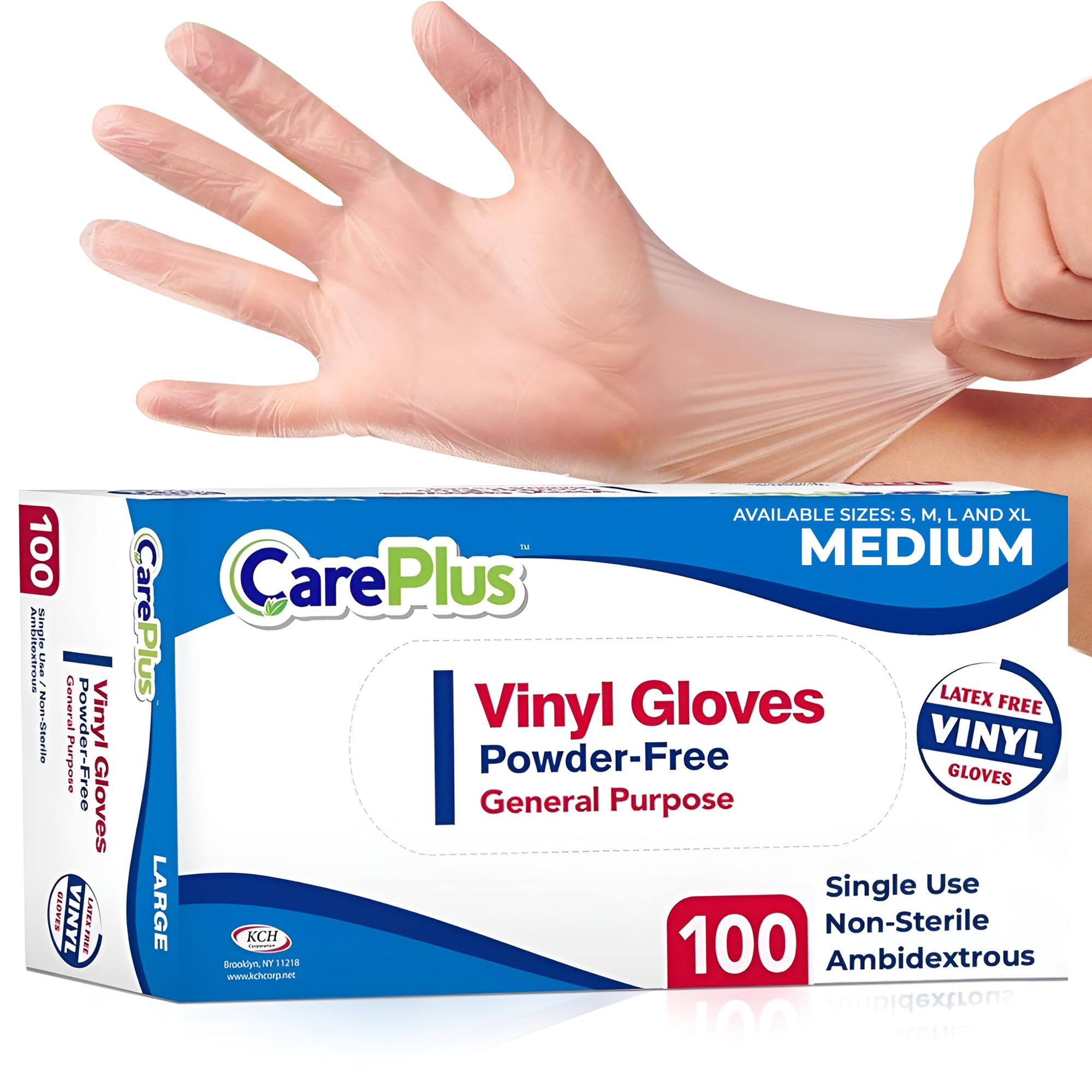 Care Plus Disposable Vinyl Gloves Medium Size| Heavy Duty | Non Sterile | Powder Free | Latex Free Rubber | 100 Count Box |food Safe