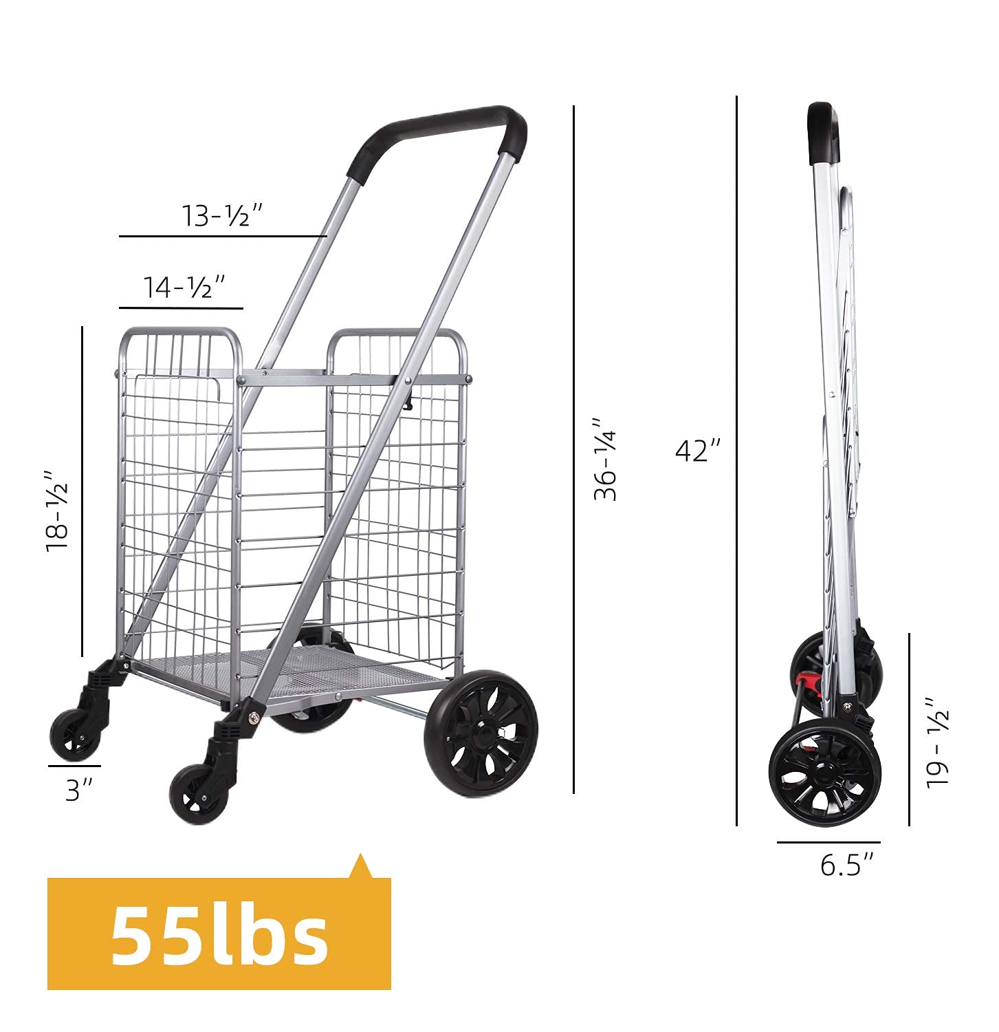 OmniRolls Grocery Shopping Cart with Swivel Wheels, Folding Shopping Cart with Wide Cushion Handle, Mesh Bottom and Brake System, Silve,