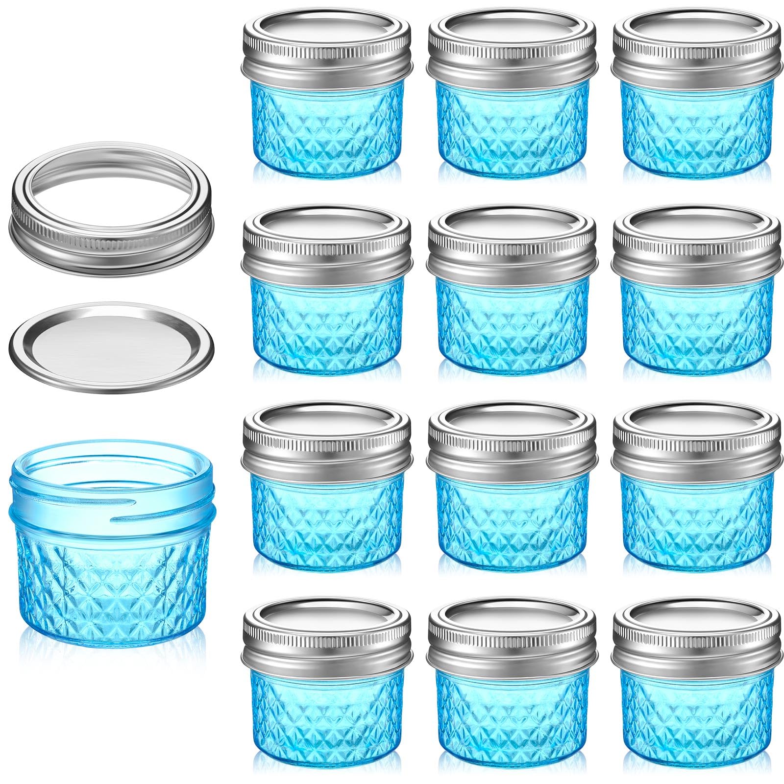 Zhehao 12 Pcs Mason Jars 4 oz with Regular Lids Mini Canning Jelly Honey Jars for Wedding Shower Favors DIY Projects Candle Holding Spice Jam Fruit Smoothie Salad Dressing Ketchup(Light Blue)
