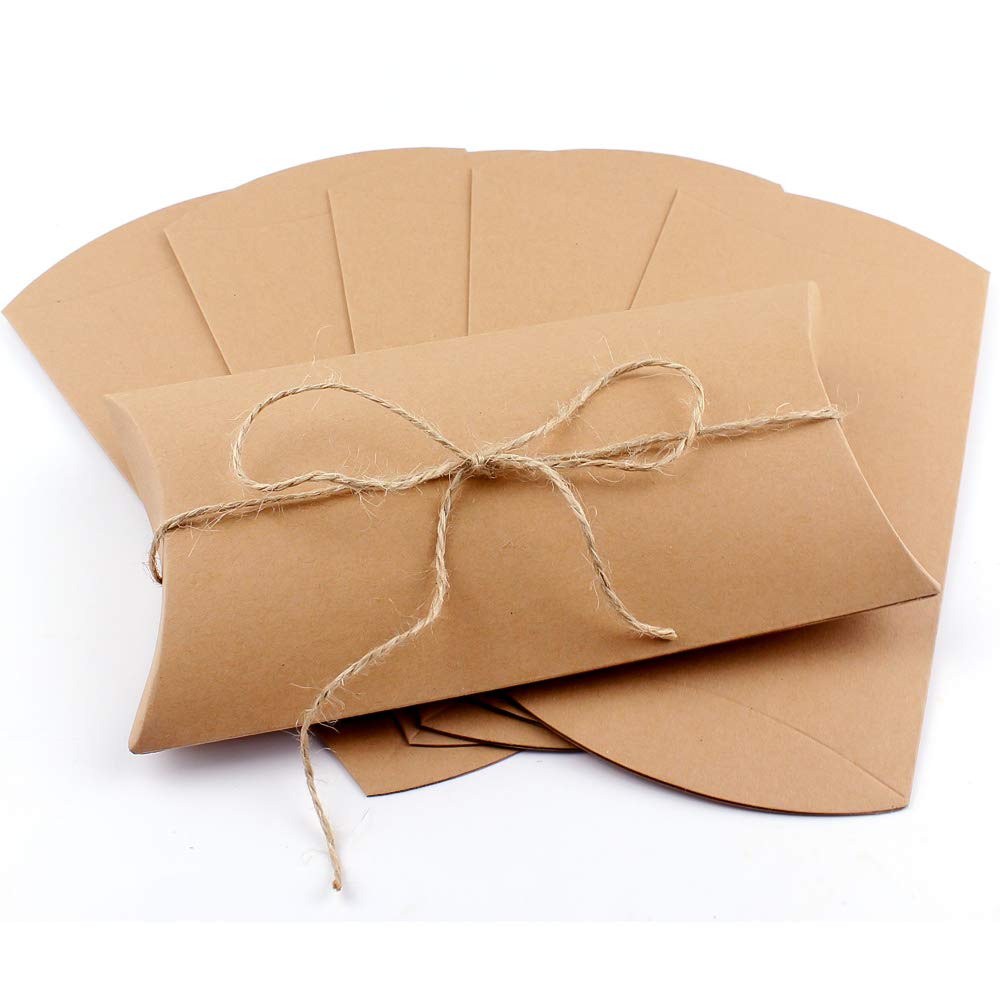 CEWOR Kraft Pillow Box 50pcs, 6.3×3.7 Inches Gift Boxes with 100 Feet Jute Twines, Paper Gift Box for Jewelry, Candy Gift Packaging, Wedding Present and Birthday Party Favor